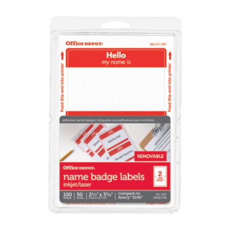 Office Depot Brand Hello Name Badge Labels 2 1132 x 3 38 Red Border ...