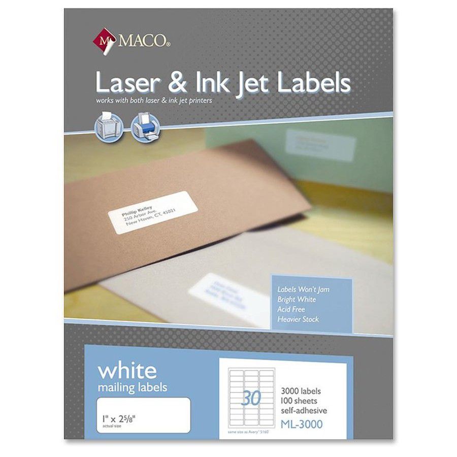 MACO White LaserInk Jet Address Labels ML 3000 Permanent Adhesive 1 W x ...