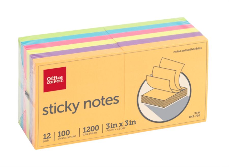 Office Depot Brand Sticky Notes 3 x 3 Assorted Deep Colors 100 Sheets ...